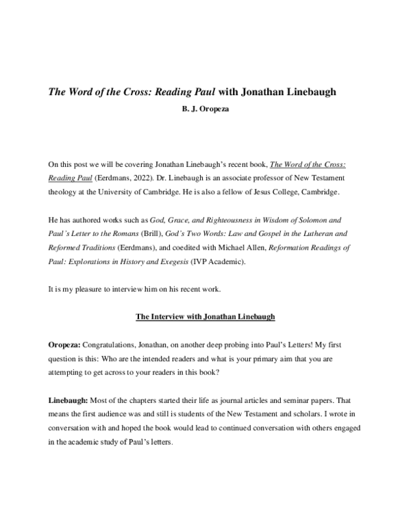 (PDF) The Word of the Cross: Reading Paul with Jonathan Linebaugh | B ...