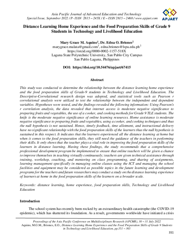 (PDF) Distance Learning Home Experience and the Food Preparation Skills ...