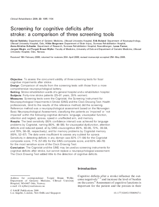 (PDF) Screening for cognitive deficits after stroke: a comparison of ...