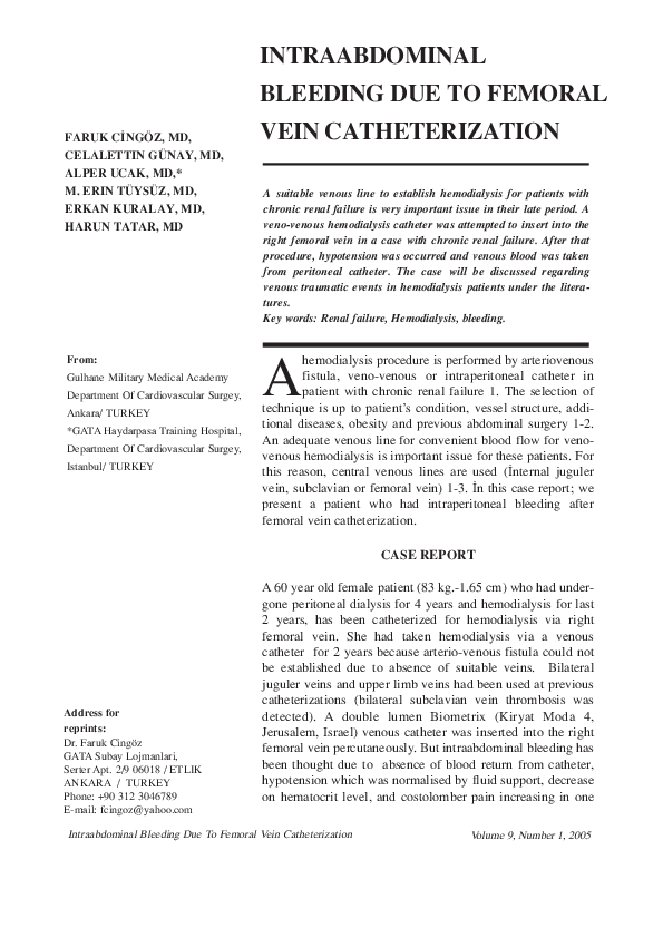 (PDF) Intraabdominal Bleeding Due to Femoral Vein Catheterization