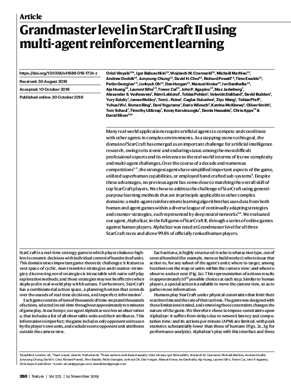 (PDF) Grandmaster level in StarCraft II using multi-agent reinforcement learning