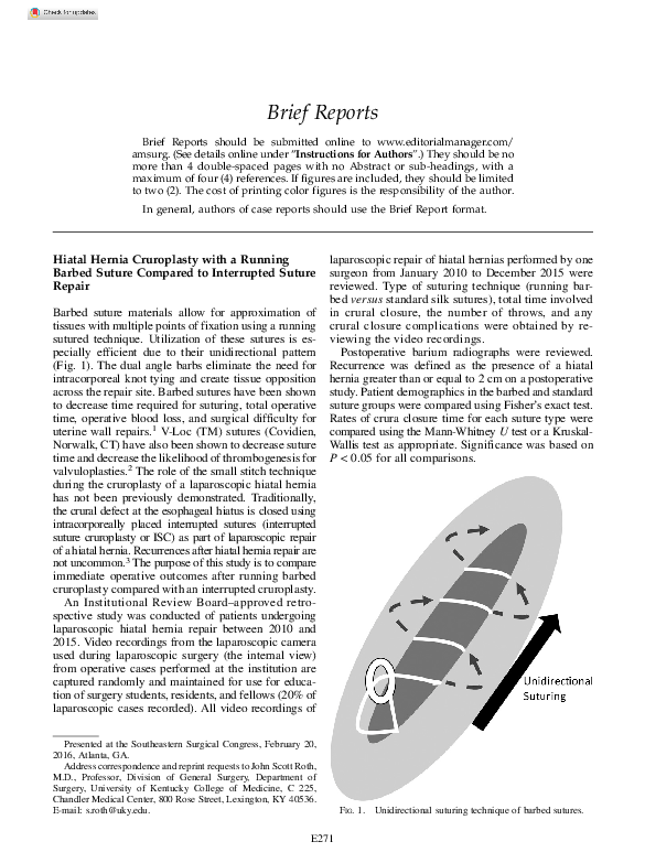 (PDF) Hiatal Hernia Cruroplasty with a Running Barbed Suture Compared ...