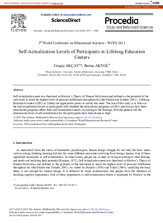 (PDF) Self-actualization Levels of Participants in Lifelong Education Centers