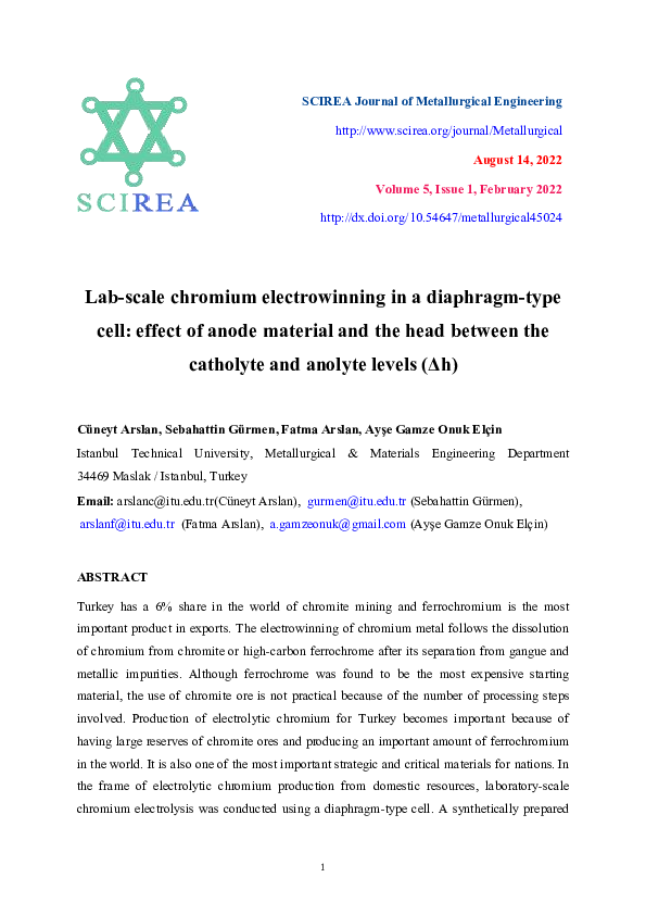 Pdf Lab Scale Chromium Electrowinning In A Diaphragm Type Cell Effect Of Anode Material And