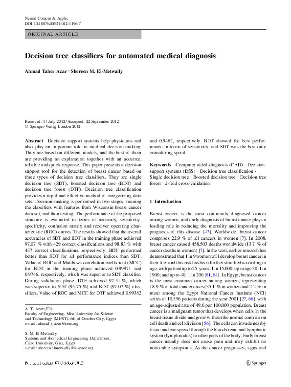 (PDF) Decision tree classifiers for automated medical diagnosis
