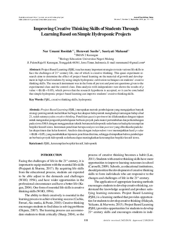 (PDF) Improving Creative Thinking Skills of Students Through Learning Based on Simple Hydroponic ...