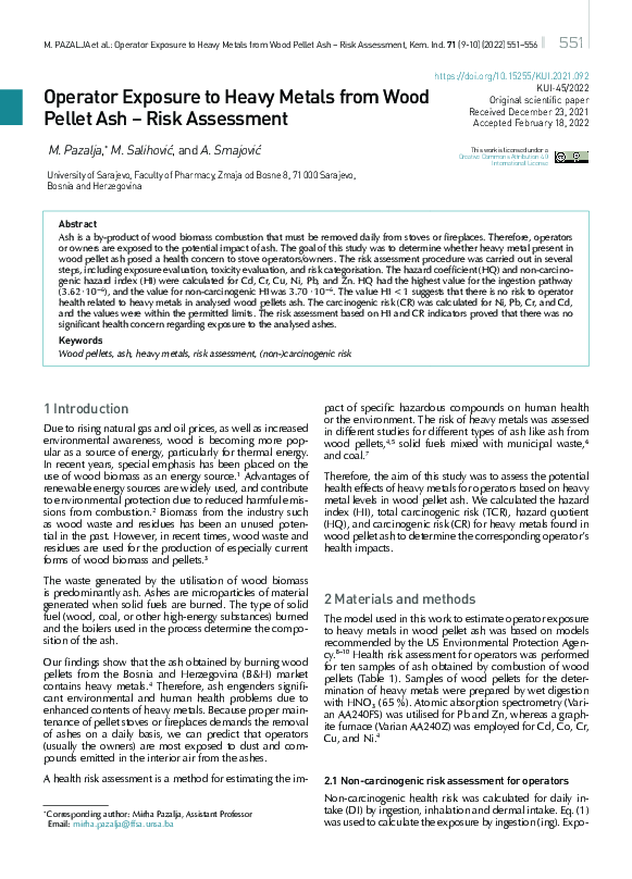 (PDF) Operator Exposure to Heavy Metals from Wood Pellet Ash – Risk ...