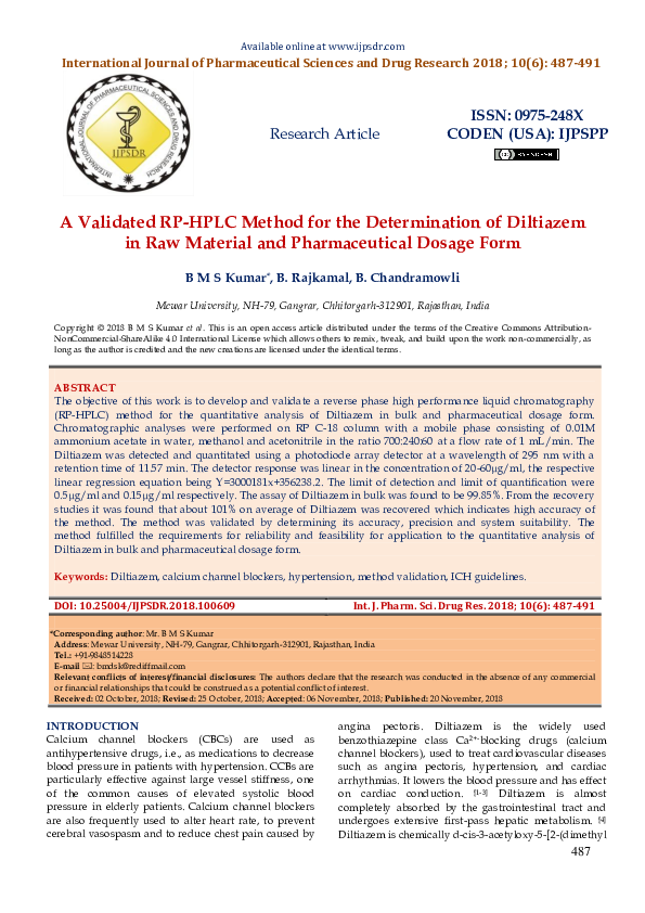 Pdf A Validated Rp Hplc Method For The Determination Of Diltiazem In Raw Material And