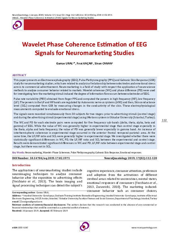 (PDF) Wavelet Phase Coherence Estimation of EEG Signals for Neuromarketing Studies