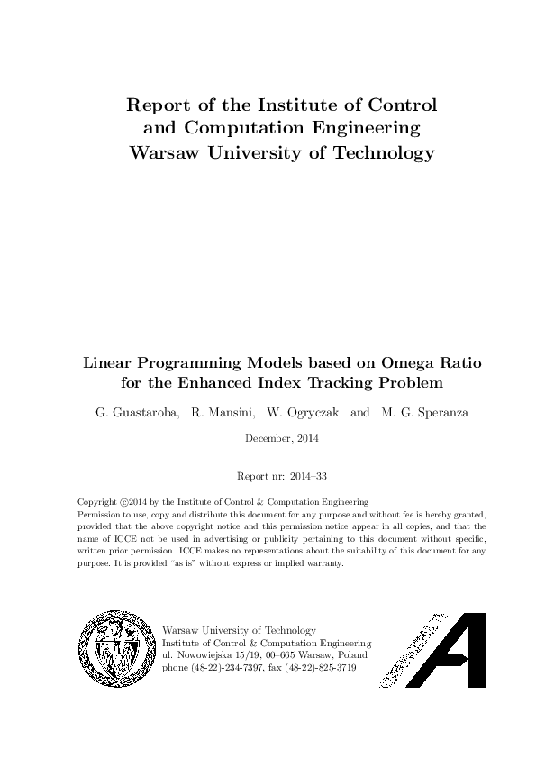 Pdf Linear Programming Models Based On Omega Ratio For The Enhanced Index Tracking Problem 