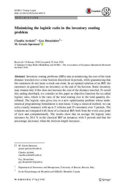 (PDF) Minimizing the logistic ratio in the inventory routing problem | M.Grazia Speranza ...