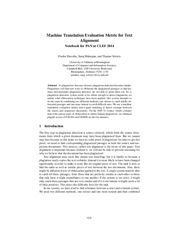 (PDF) Machine Translation Evaluation Metric for Text Alignment | Suraj Maharjan - Academia.edu
