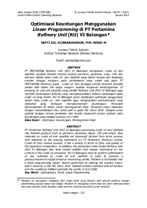 (PDF) Optimisasi Keuntungan Menggunakan Linear Programming di PT Pertamina Refinery Unit (RU) VI ...