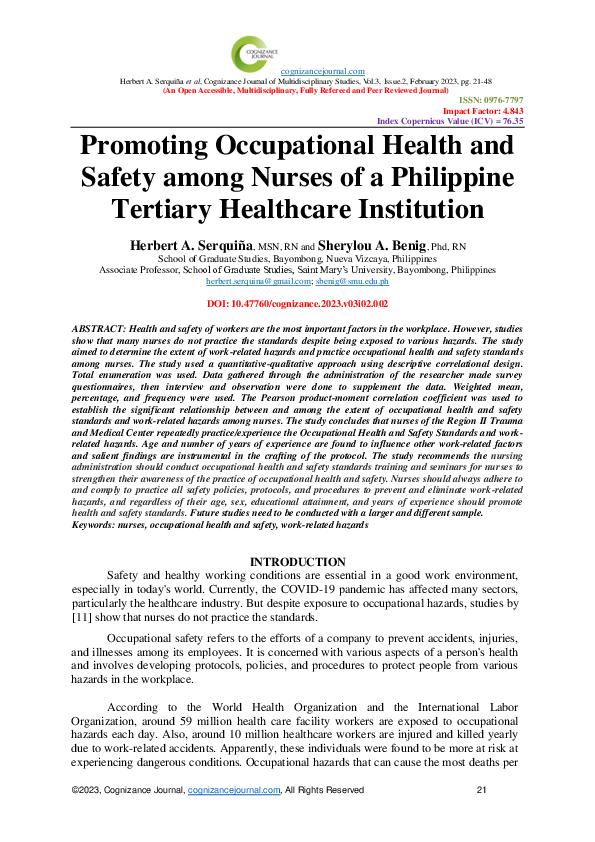 (PDF) Promoting Occupational Health and Safety among Nurses of a ...