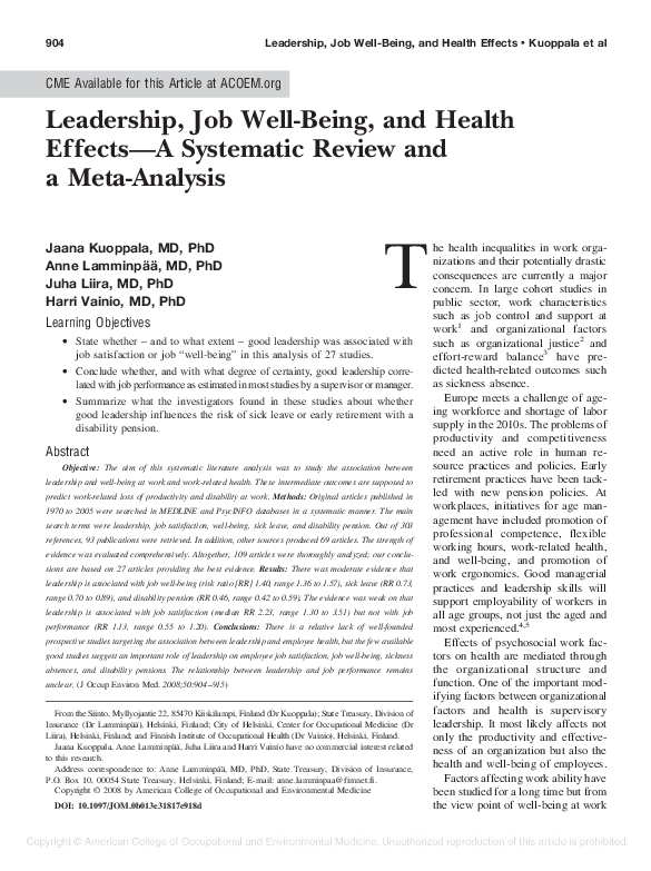 (PDF) Leadership, Job Well-Being, and Health Effects—A Systematic ...