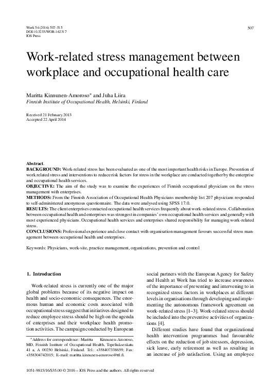 (PDF) Work-related stress management between workplace and occupational ...