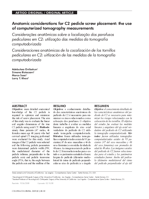(PDF) Anatomic considerations for C2 pedicle screw placement: the use ...