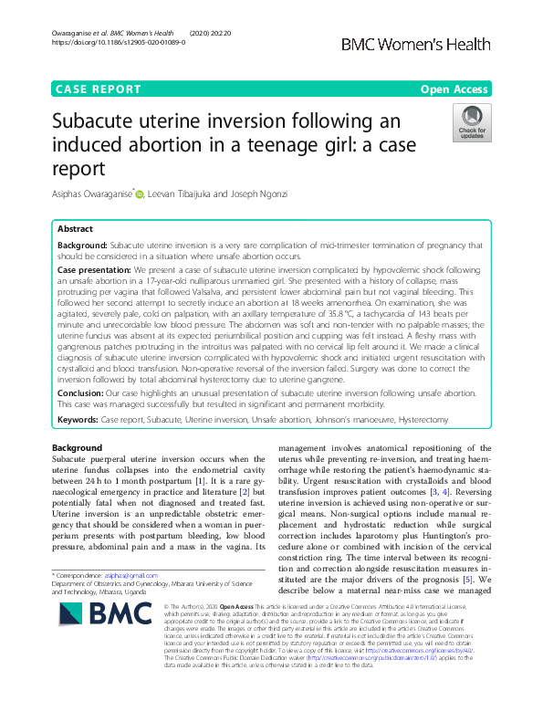 (PDF) Subacute uterine inversion following an induced abortion in a ...