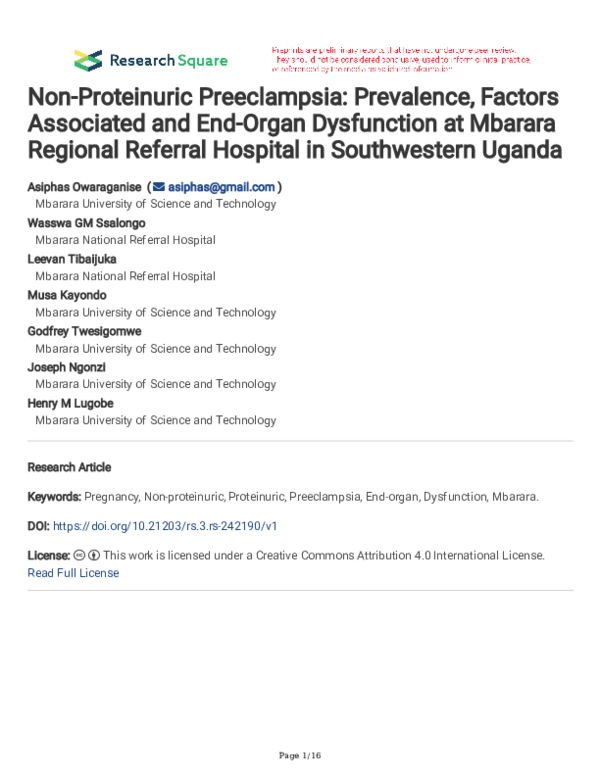 (PDF) Non-Proteinuric Preeclampsia: Prevalence, Factors Associated and ...