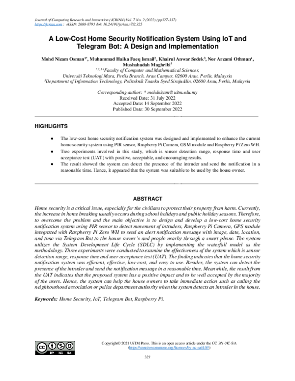 Pdf Low Cost Home Security Notification System Using Iot And Telegram Bot A Design And