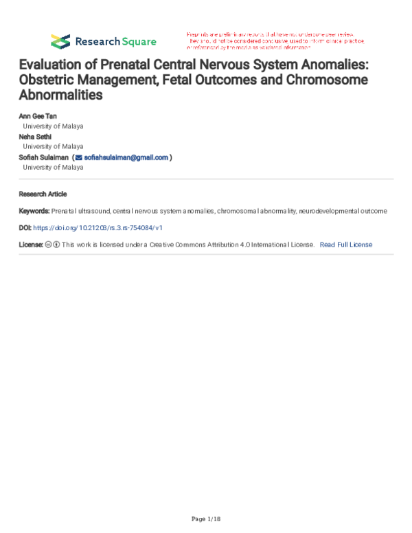 (PDF) Evaluation of Prenatal Central Nervous System Anomalies ...