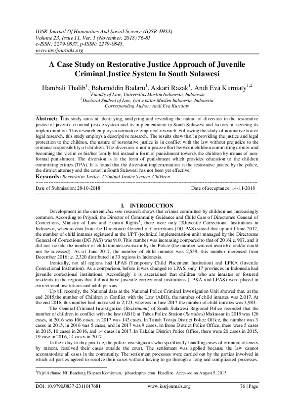 (PDF) A Case Study on Restorative Justice Approach of Juvenile Criminal Justice System In South ...