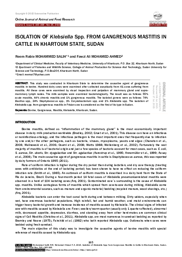 (PDF) Isolation of Klebsiella Spp. From Gangrenous Mastitis in Cattle ...
