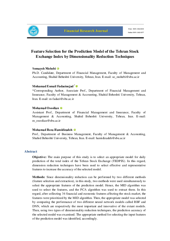 (PDF) Feature Selection for the Prediction Model of the Tehran Stock ...