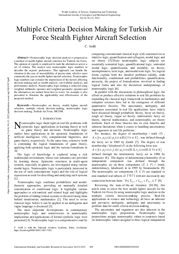 Pdf Multiple Criteria Decision Making For Turkish Air Force Stealth Fighter Aircraft Selection