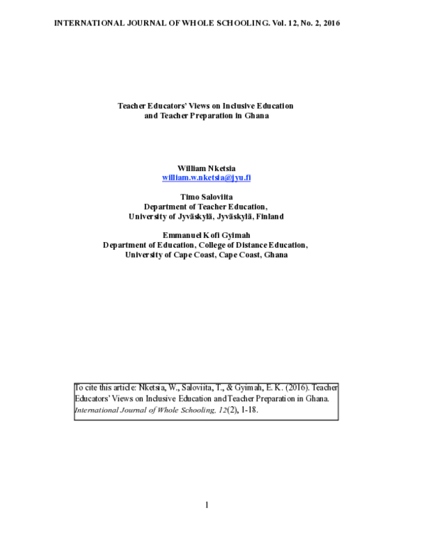 (PDF) Teacher Educators' Views on Inclusive Education and Teacher Preparation in Ghana | Timo ...