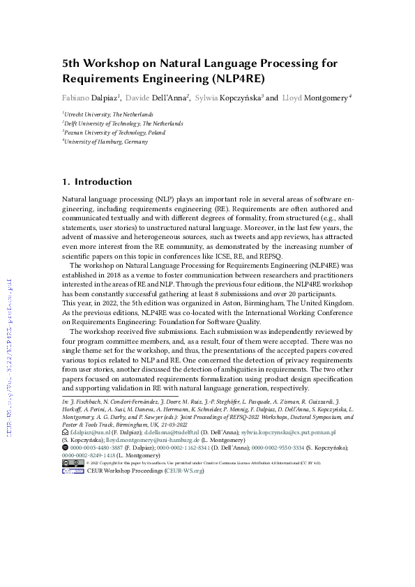 (PDF) Preface: 5th Workshopon Natural Language Processing for Requirements Engineering (NLP4RE)