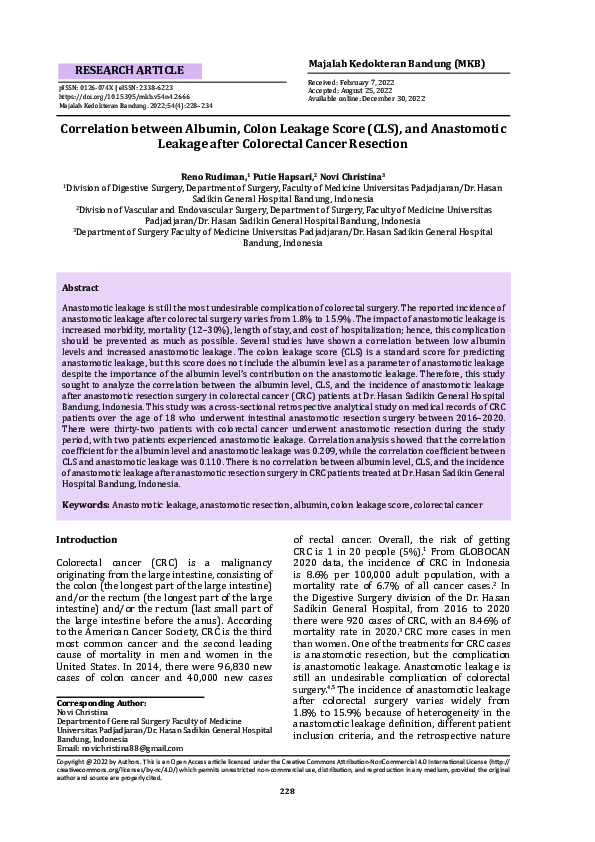 (PDF) Correlation between Albumin, Colon Leakage Score (CLS), and ...