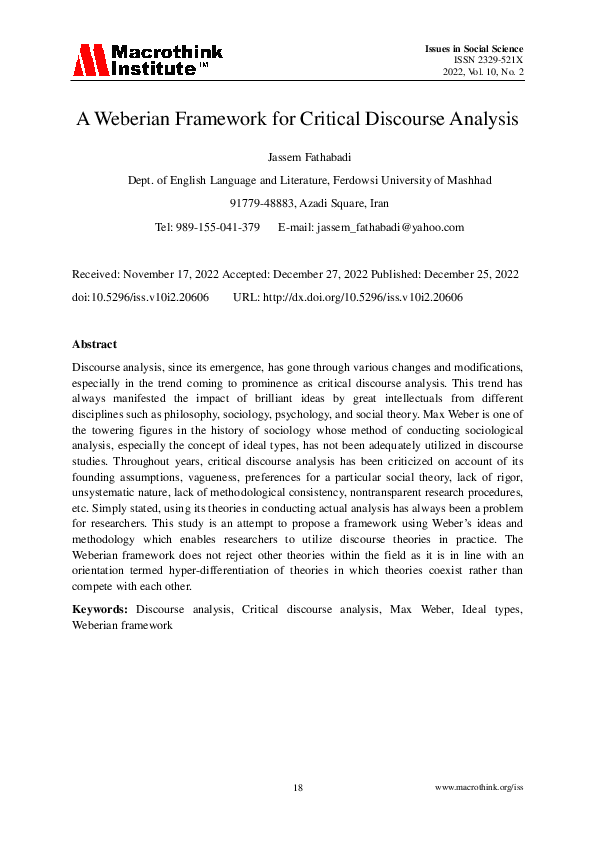 (PDF) A Weberian Framework for Critical Discourse Analysis
