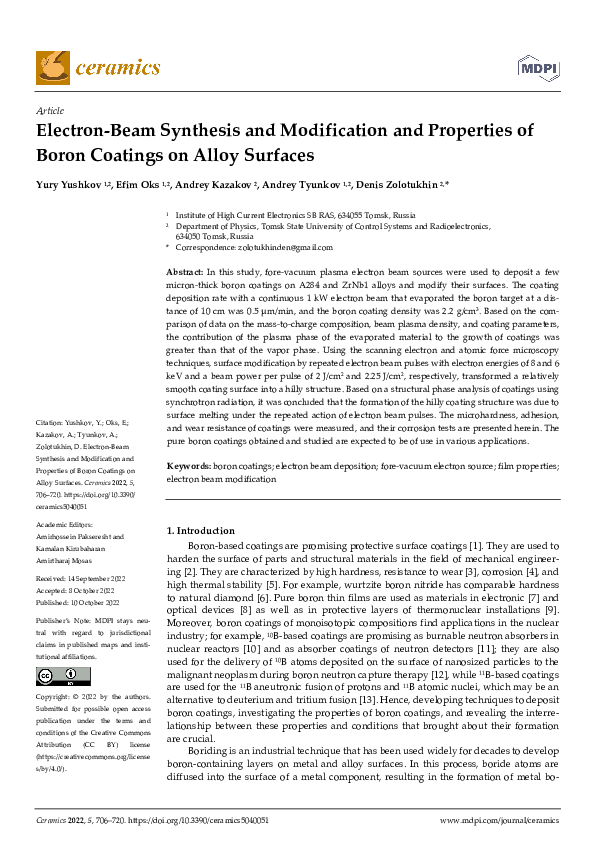 Pdf Electron Beam Synthesis And Modification And Properties Of Boron Coatings On Alloy Surfaces