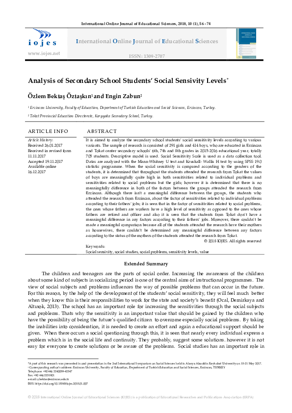(PDF) Analysis of Secondary School Students’ Social Sensivity Levels