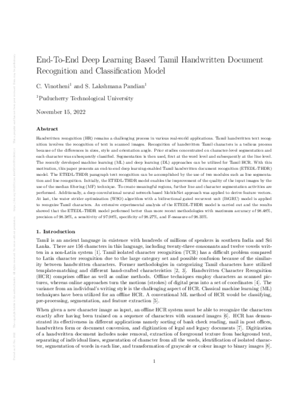 Pdf End To End Deep Learning Based Tamil Handwritten Document Recognition And Classification Model