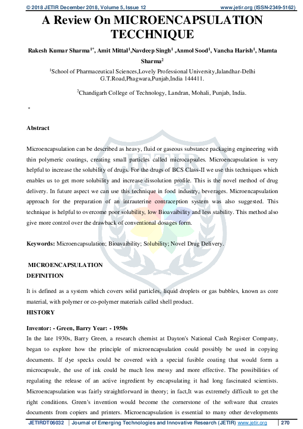 (PDF) A Review On MICROENCAPSULATION TECCHNIQUE