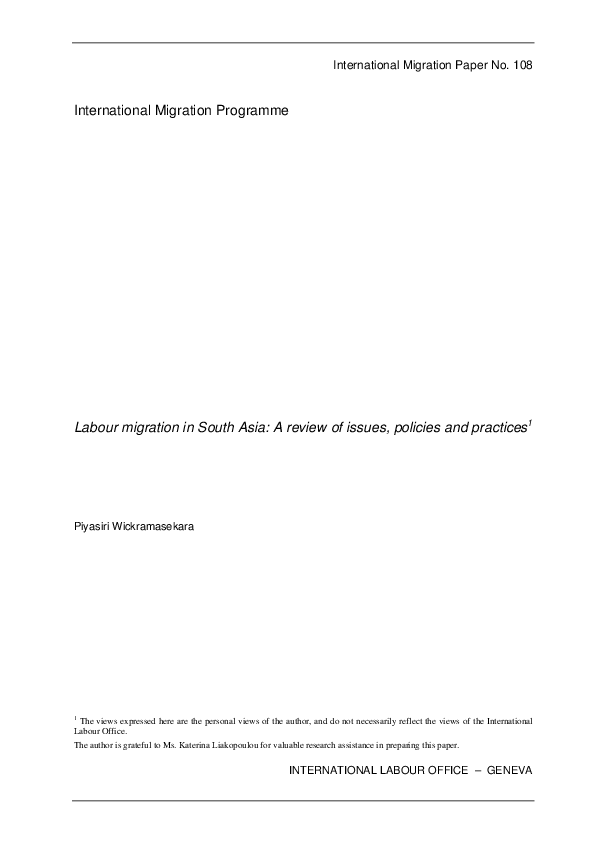 (PDF) Labour Migration in South Asia: A Review of Issues, Policies and Practices