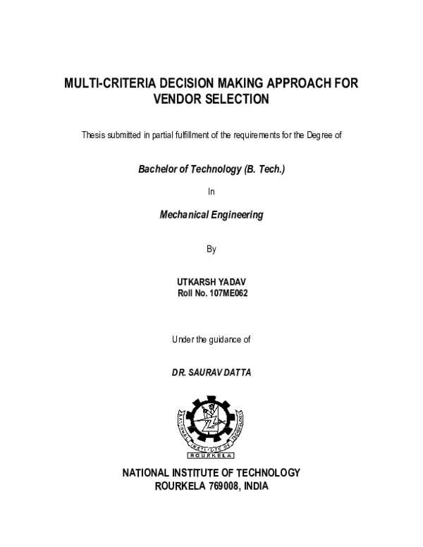 (PDF) Multi-Criteria Decision Making Approach for Vendor Selection (PDF) Multi-Criteria Decision Making Approach for Vendor Selection
