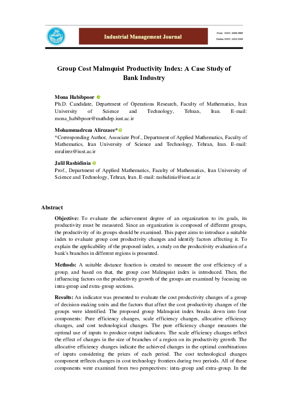 (PDF) Group Cost Malmquist Productivity Index: A Case Study of Bank Industry