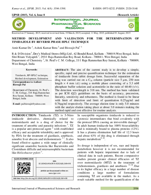 Pdf Development And Validation For The Determination Of Tinidazole By Reverse Phase Hplc Technique