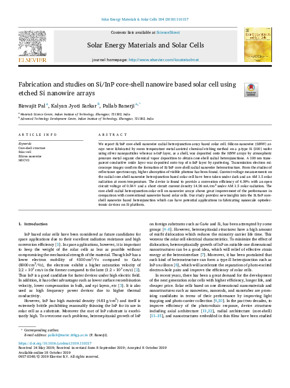 (PDF) Fabrication and studies on Si/InP core-shell nanowire based solar cell using etched Si ...