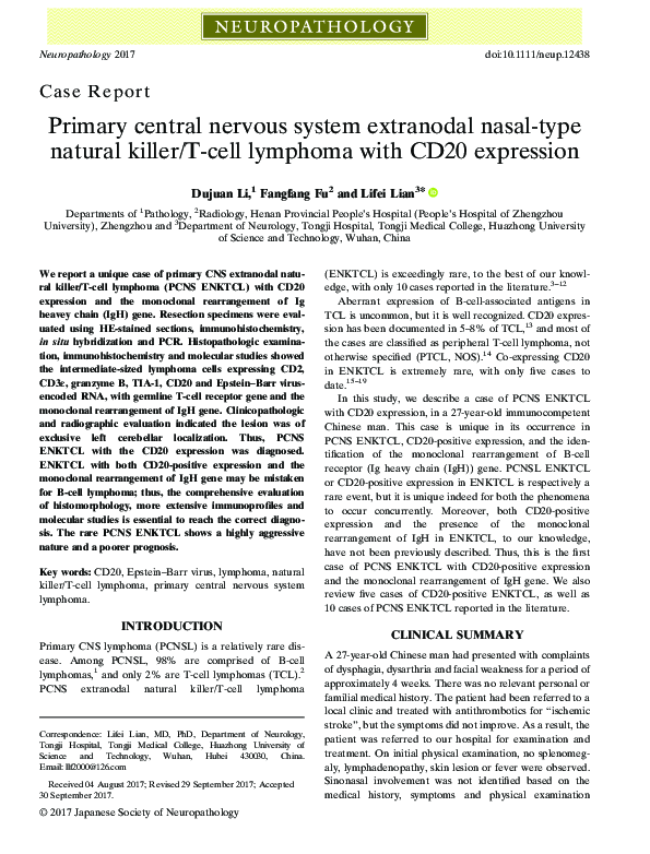 (PDF) Primary central nervous system extranodal nasal-type natural killer/T-cell lymphoma with ...