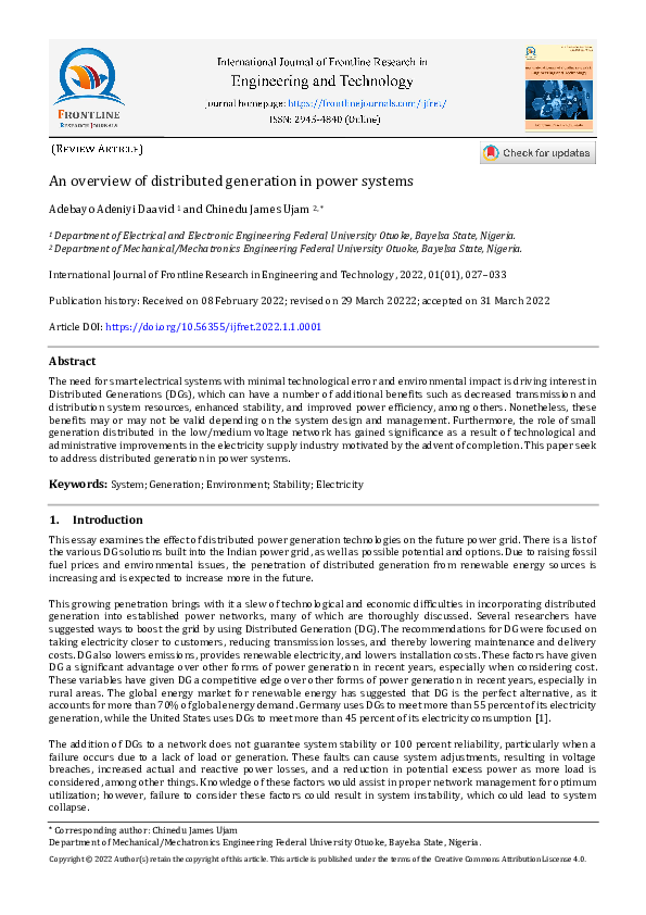(PDF) An overview of distributed generation in power systems