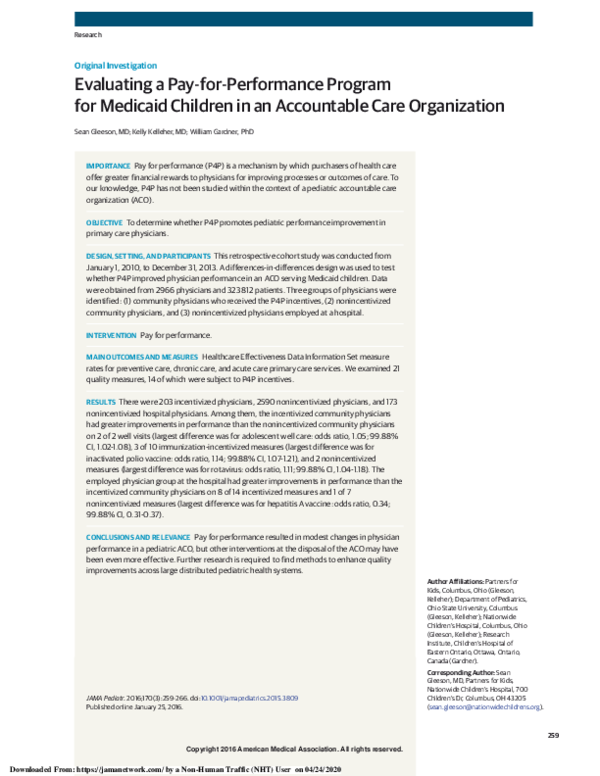 (PDF) Evaluating a Pay-for-Performance Program for Medicaid Children in ...