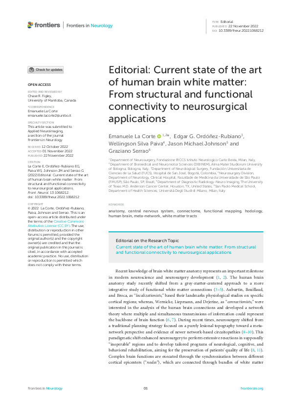 (PDF) Editorial: Current state of the art of human brain white matter: From structural and ...
