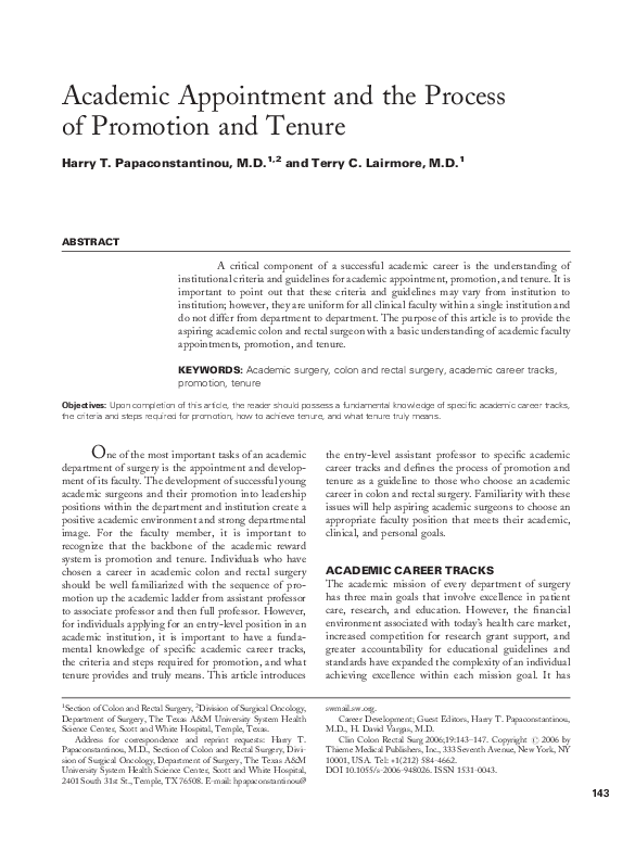 (PDF) Academic Appointment and the Process of Promotion and Tenure