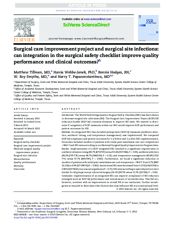 (PDF) Surgical care improvement project and surgical site infections ...