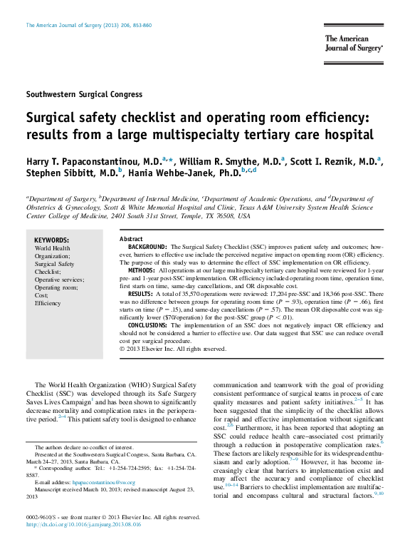 (PDF) Surgical safety checklist and operating room efficiency: results ...