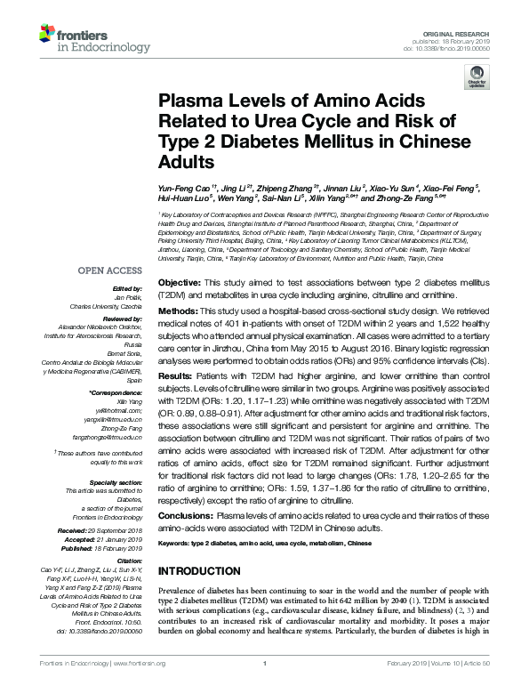 (PDF) Plasma Levels of Amino Acids Related to Urea Cycle and Risk of ...